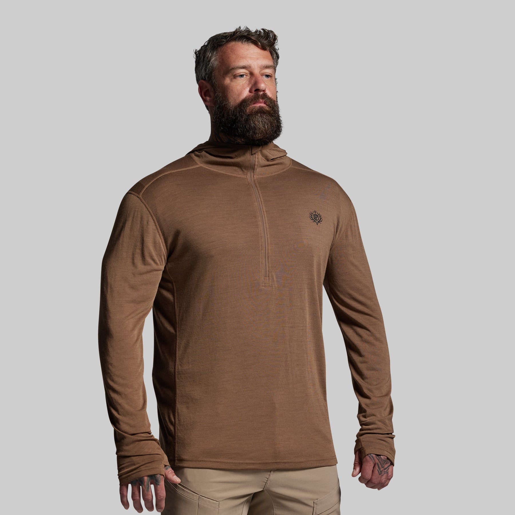 Ridgeline Merino Half Zip Hoodie 165 (Coyote Brown) – Born Primitive Canada